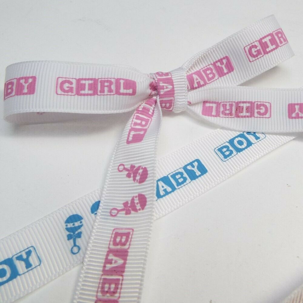 15mm Blue Baby Boy or Pink Girl Newborn Print White Grosgrain Ribbon ...