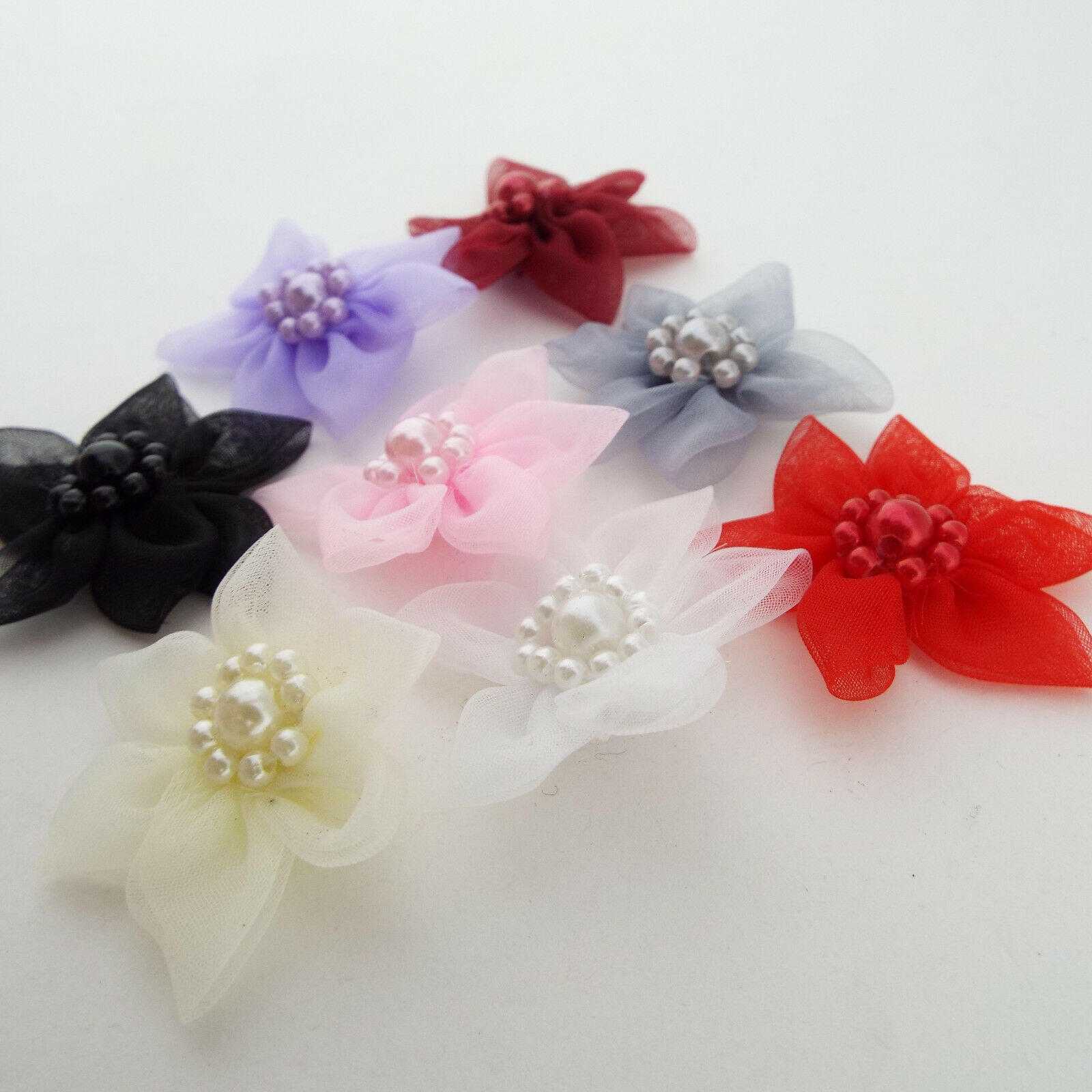 Ribbon Poinsettia Flower 6 Point Bead Organza Star Beaded 8 COLOUR BUY ...