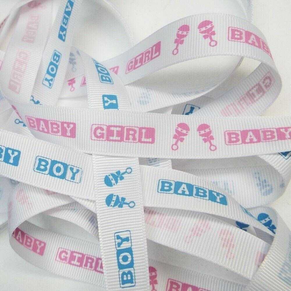 Ribbon 15mm Blue Baby Boy Pink Girl Newborn Print White Grosgrain BUY 1 ...