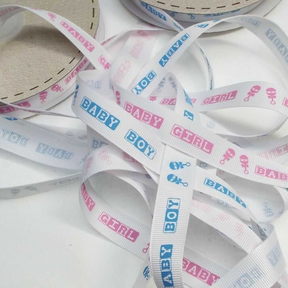 Ribbon 15mm Blue Baby Boy Pink Girl Newborn Print White Grosgrain BUY 1 ...