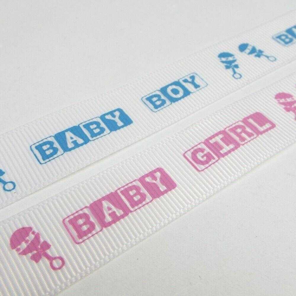 Ribbon 15mm Blue Baby Boy Pink Girl Newborn Print White Grosgrain BUY 1 ...